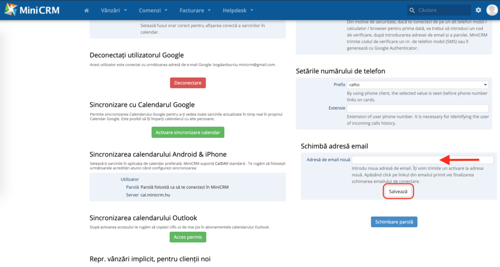 Schimbarea adresei de email sau a parolei - Documentație MiniCRM