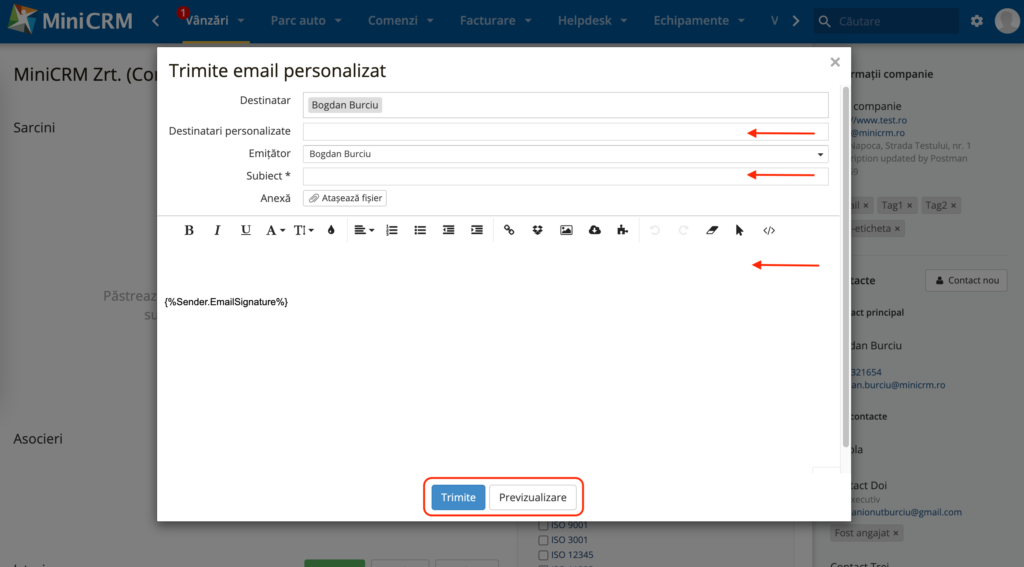 Trimiterea unui email/SMS personalizat - Documentație MiniCRM