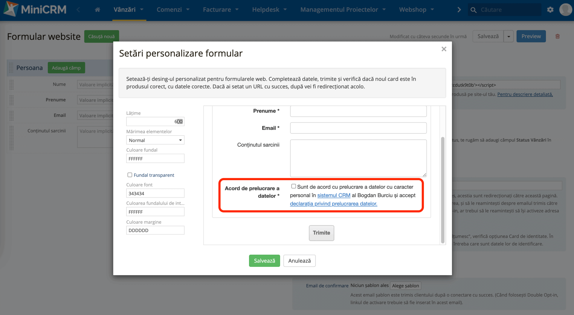 GDPR formulare web - Documentație MiniCRM