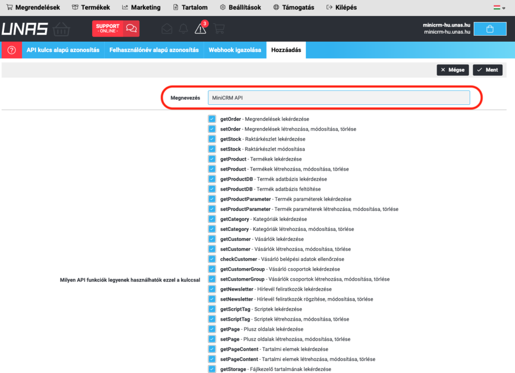 UNAS webshop integráció - MiniCRM dokumentáció