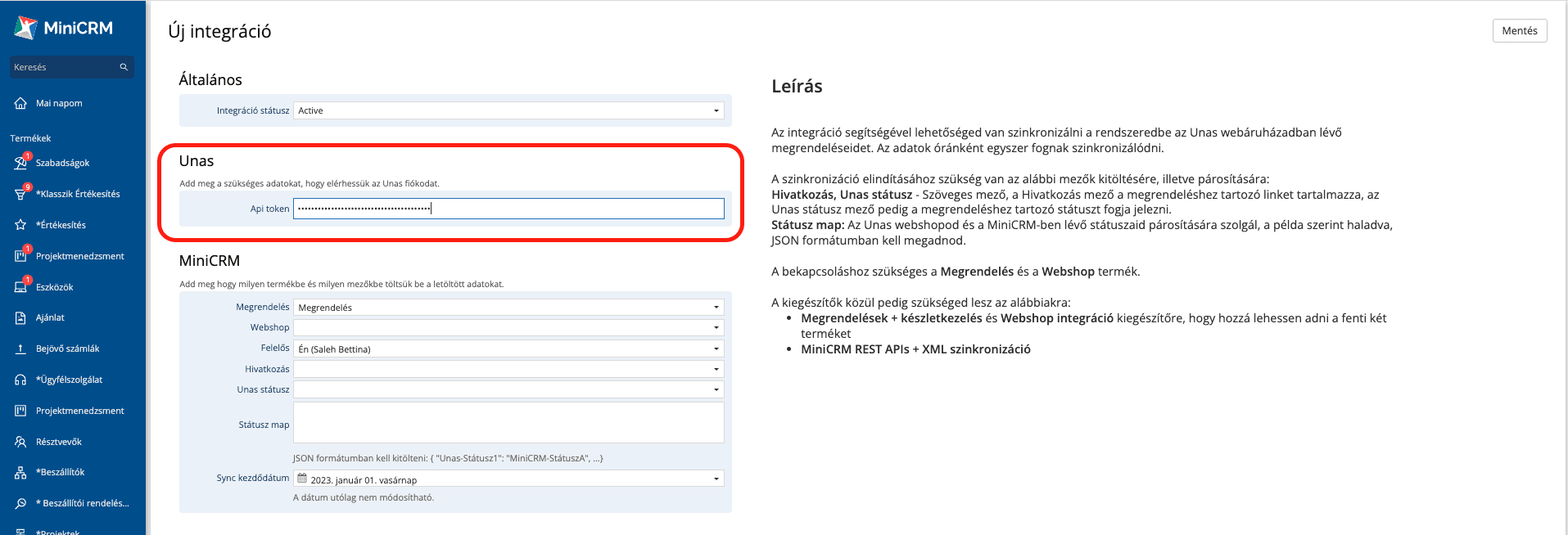 UNAS webshop integráció - MiniCRM dokumentáció